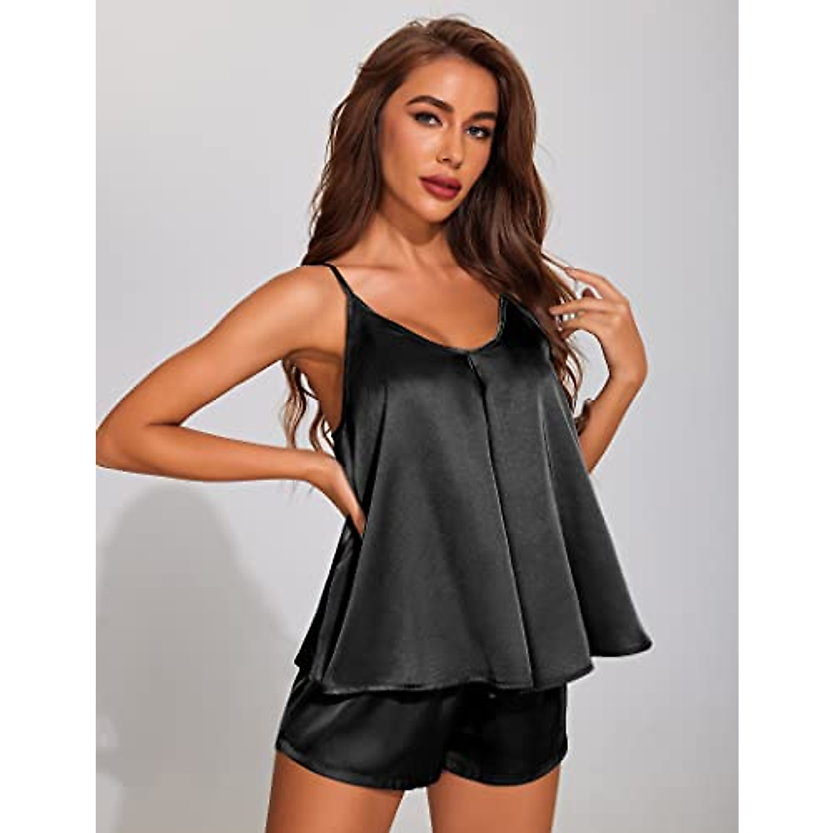 Ekouaer Silk Pajamas Sets Women Satin 2 Piece Silk Pjs Cami Top Sleepwear Black