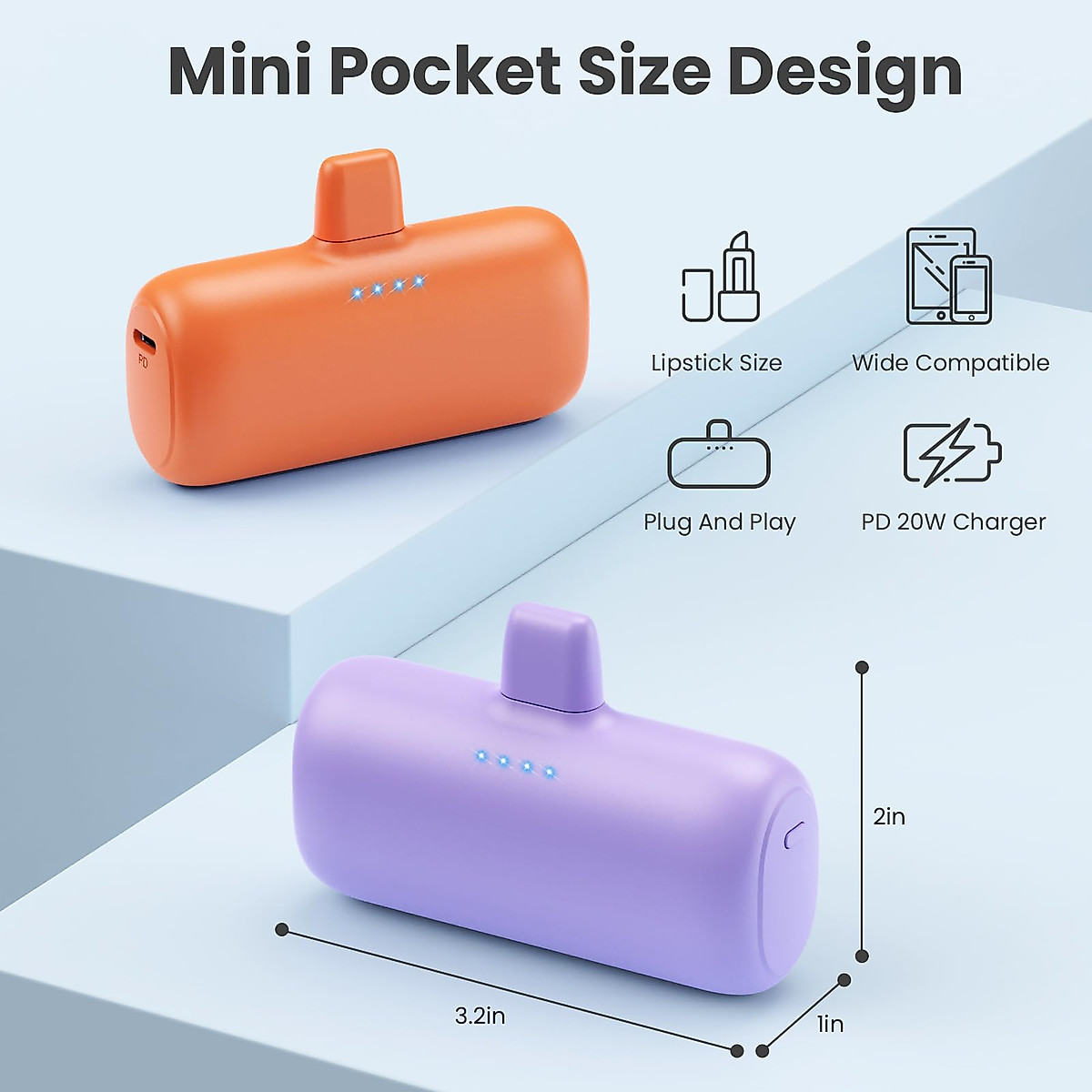 [2-Pack] Mini Portable Charger for iPhone,5200mAh Ultra Compact PD Fast Charging Power Bank,Plug-in Battery Pack Travel Cordless Phone Charger,Compatible with iPhone 14/14Pro/13/12/11/X/8/7/6plus etc