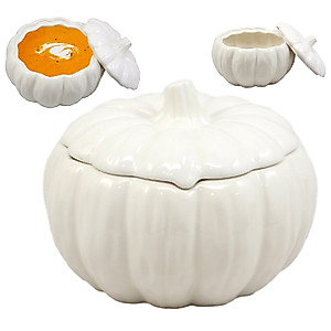 Ebros Gift Ceramic Stoneware White Harvest Pumpkin Bowl With Lid 6" Diameter (1)