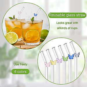 Clear Glass Straws with Design, 6Pcs Reusable Straws, Butterfly Glass Straw Shatter Resistant with 2 Cleaning Brush, Cute Straws with Charms Butterfly, Bent Drinking Straws for Smoothies Juice