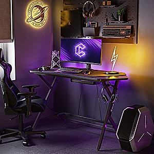 CubiCubi Luna Gaming Desk 47 inch Gamer Workstation, Home Computer Carbon Fiber Surface Gaming Desk PC Table with Cable Tray and Headphone Hook