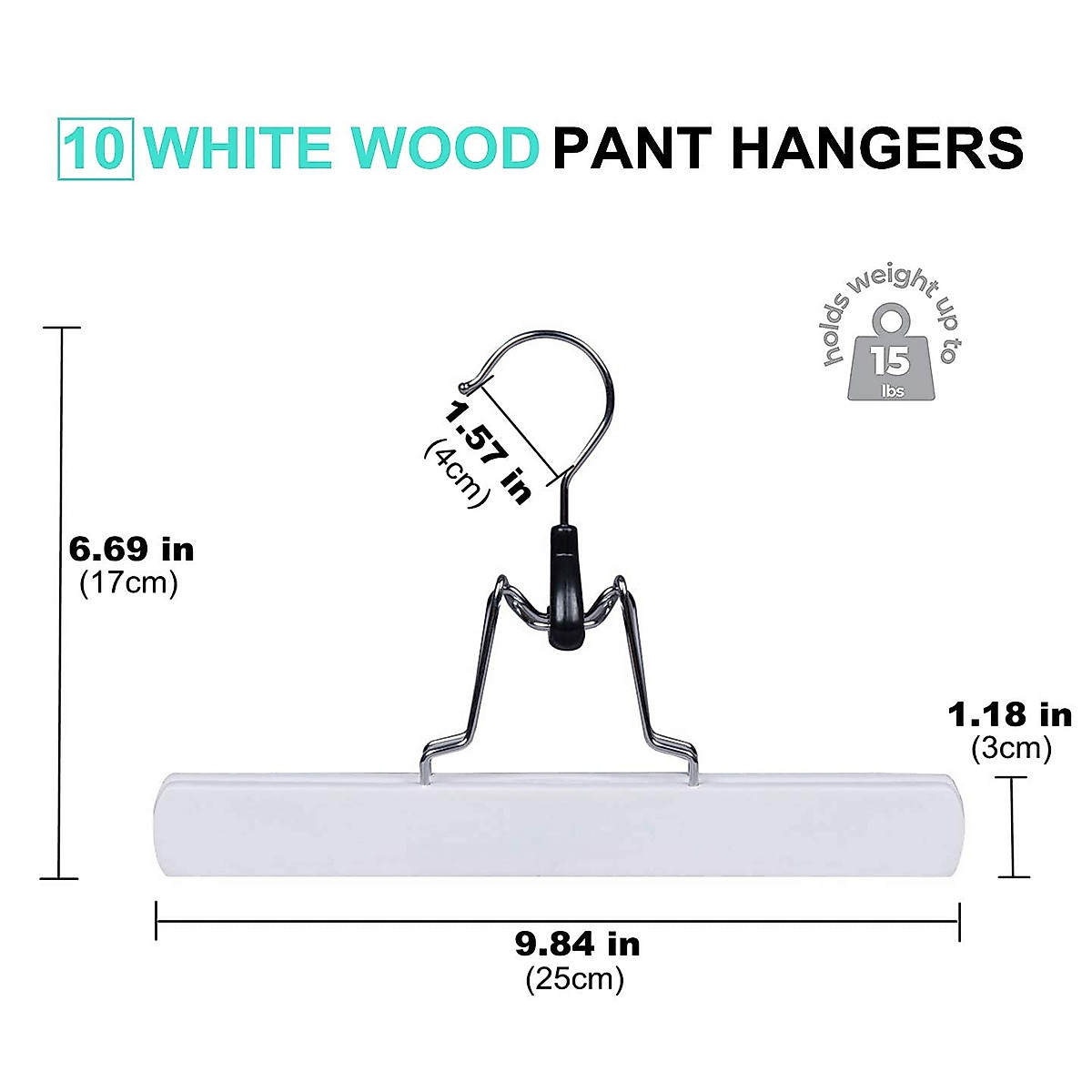 Amber Home 10 Pack White Wooden Pants Hangers, Wood Clamp Hangers with Non Slip Padded Velvet, Jeans/Slacks Hangers Hair Extension Hangers for Skirts, Trousers, Wigs (White, 10)