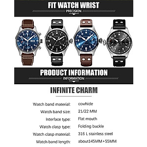 KKFAUS For IWC Big Pilot Watch TOP GUN SPITFIRE Le Petit Prince Calfskin Strap 20mm 21mm 22mm Genuine Leather Rivet Watchband (Color : Black white smooth, Size : 20mm)