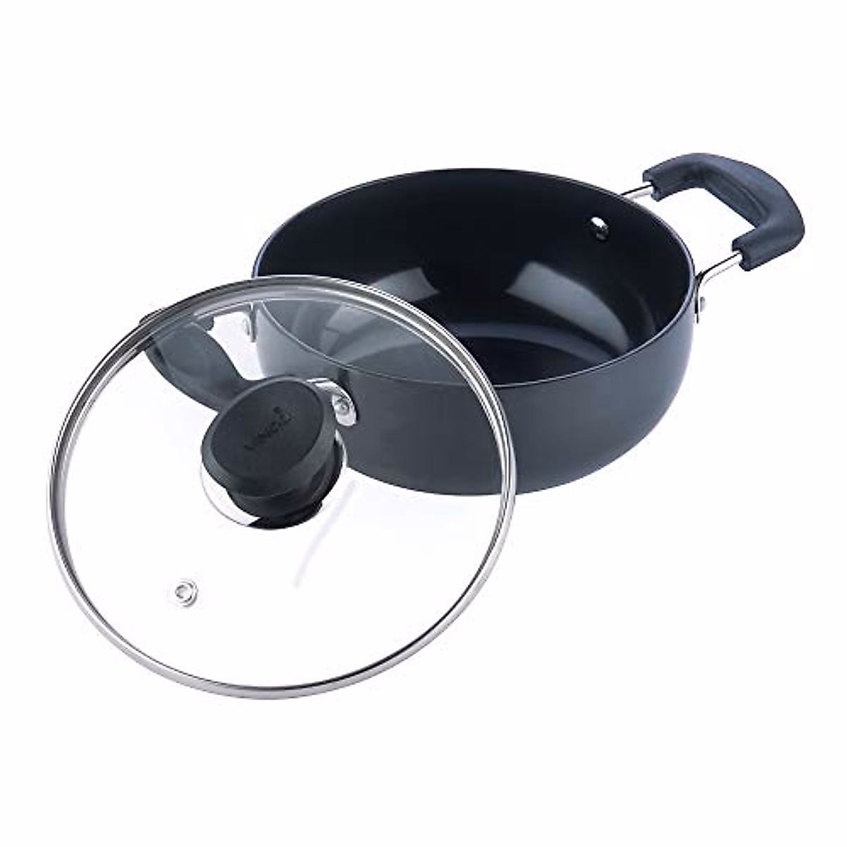 Vinod Cookware Professional Deep Kadhai – 2.1 Liters(2.2 Quarts) – 20cm–Glass Lid Included – Multi-Use Hard Anodized Wok/Pot –Suitable For Indian Cooking, Sauces, Pasta, Stews, Soups – Riveted Handles