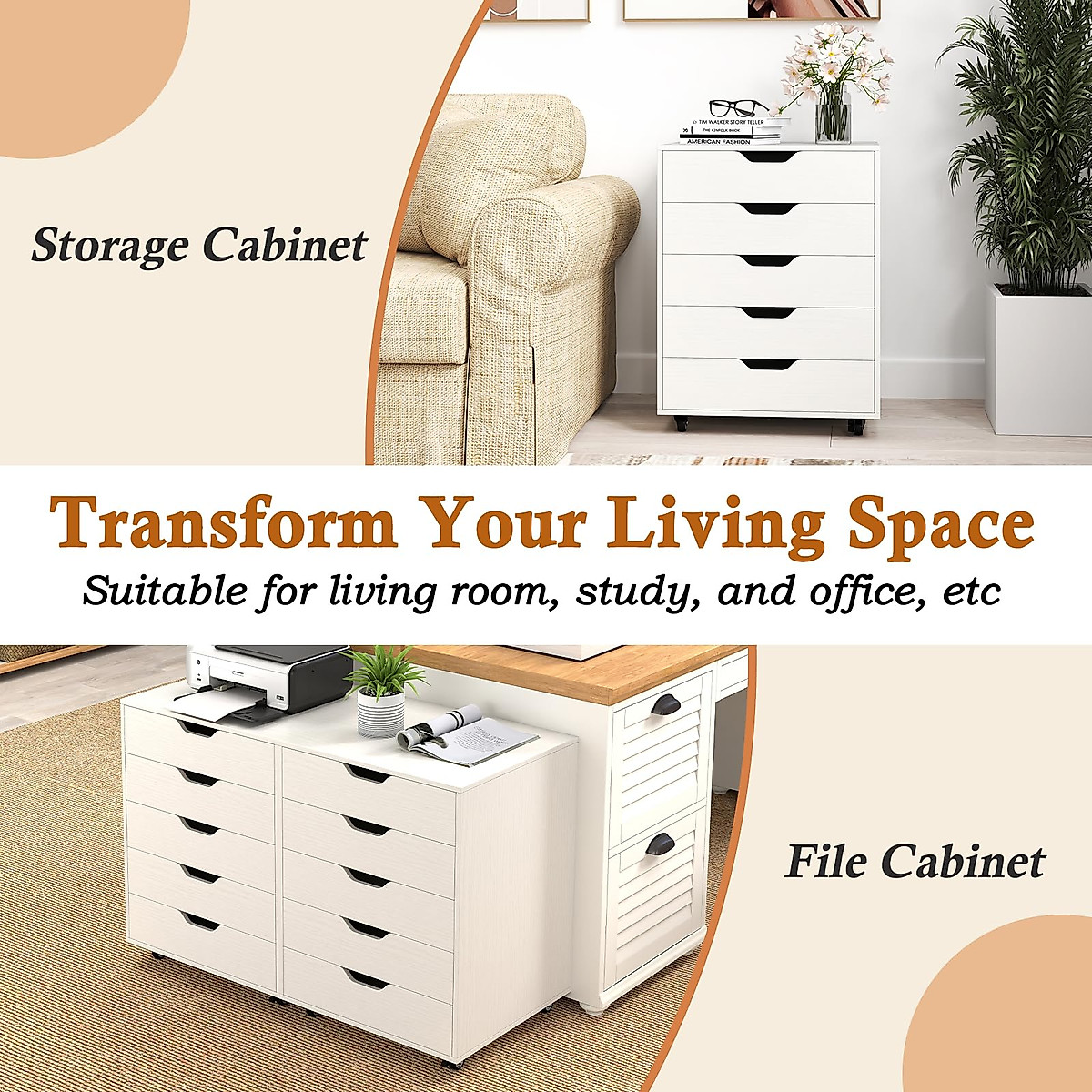 Giantex 5-Drawer Storage Cabinet, Mobile File Cabinet with Drawers, Wheels, Rolling Lateral Filing Cabinet Under Desk, Chest of Drawers, 19.5" x 16" x 25.5" Office Cabinet for Living Room, Study