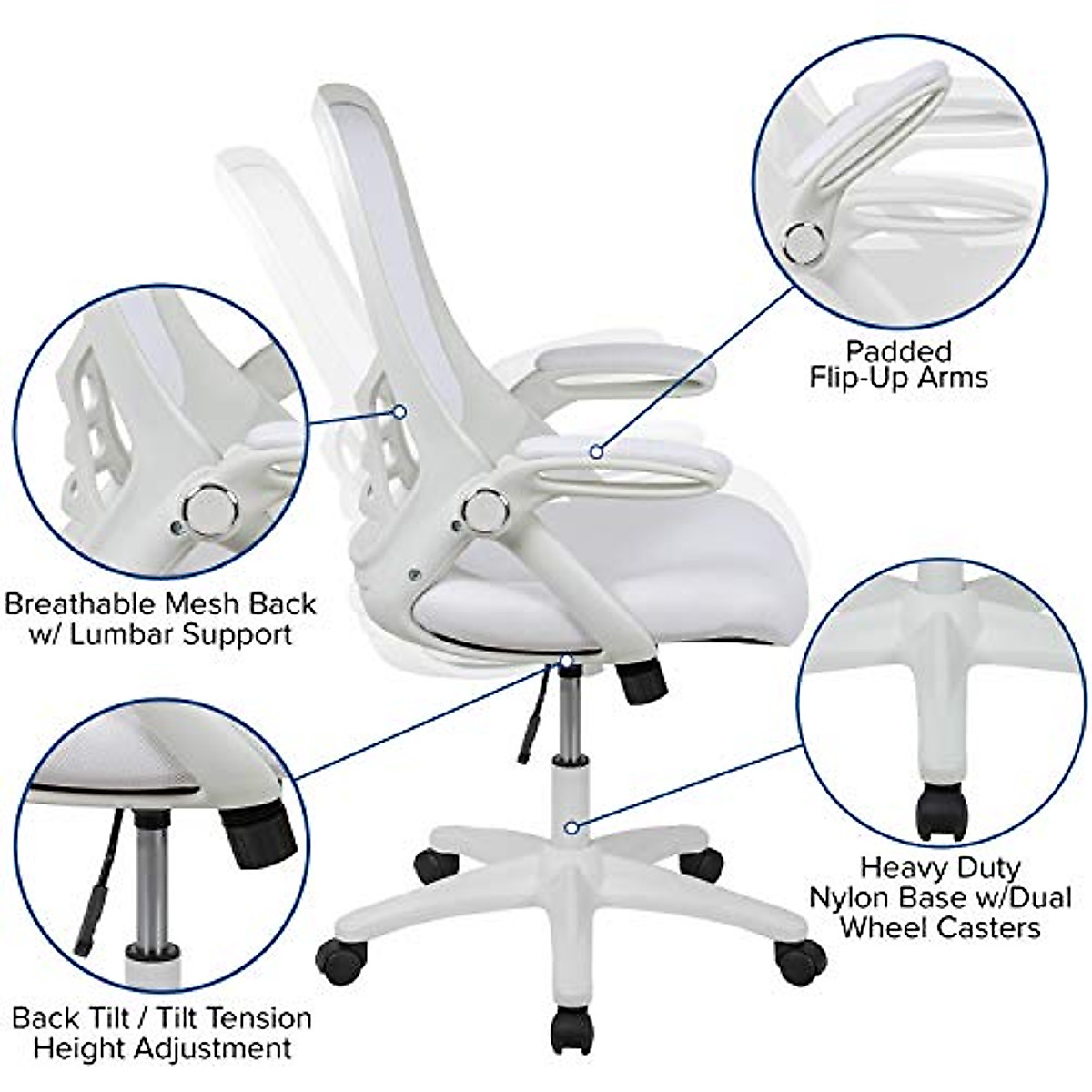 Flash Furniture High Back White Mesh Ergonomic Swivel Office Chair with White Frame and Flip-up Arms 26.5D x 26.5W x 44H in