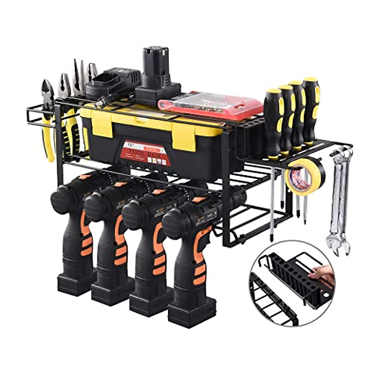 BTideas Power Tool Organizer, Drill Holder Wall Mount, Heavy Duty Garage Tool Organizer and Storage, Suitable Power Tool Organizer Wall Mount for Tool Room, Workshop, Garage (Black)