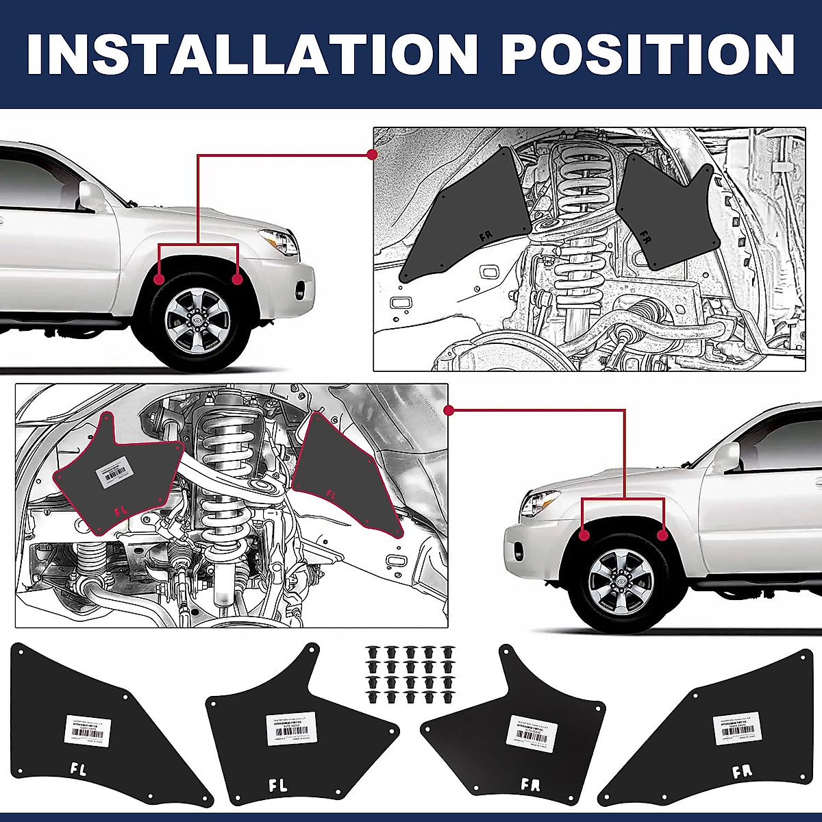 URMECCH Engine Splash Guards Fender Liner for Toyota Tacoma 2005-2023 Mud Flaps Front 4PC Set with 20 Clips, Tire Tread Depth Gauge, Brake Lining Tester