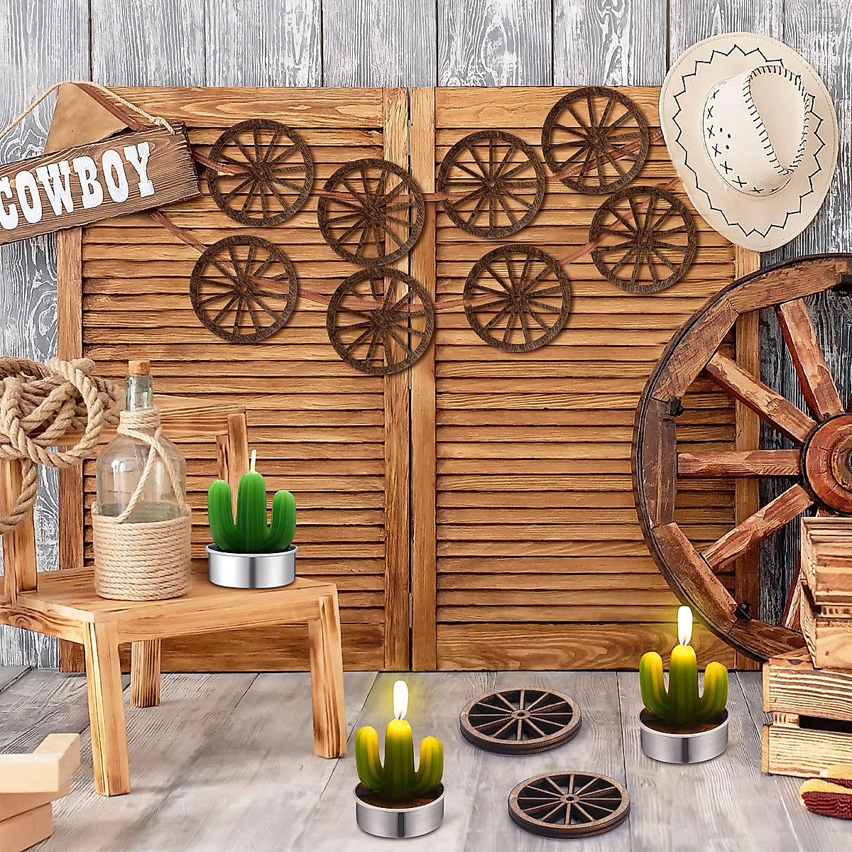 Junkin 24 Pcs Western Theme Party Decorations Birthday Table Centerpieces Mini Cactus Candles Horseshoes Wagon Wheels Horse Rodeo Decor for Crafts Wedding Party Favor (Cactus Candles, Wagon Wheels)