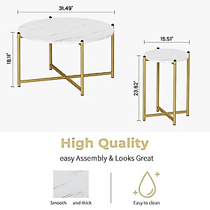 DKLGG Coffee Table Set of 3, Modern Round Coffee Table & 2pcs End Table Faux Marble Tabletop with Gold Cross Base Frame, Modern Living Room Table Sets for Apartment, Small Space (Gold)