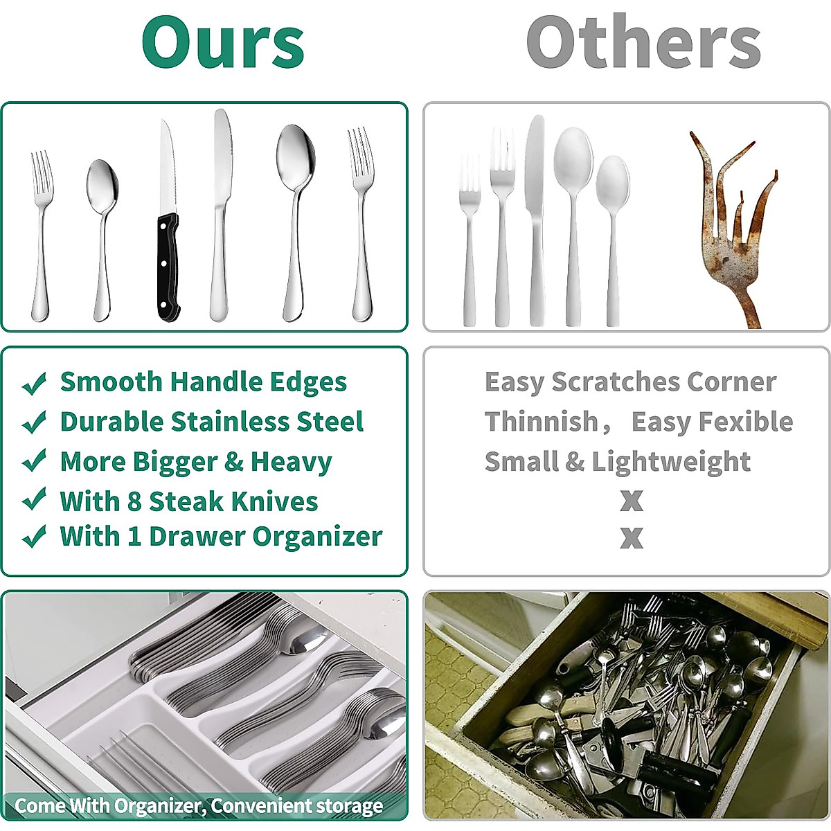 49PCS Silverware Set with Organizer, Durable Stainless Steel Flatware Drawer Cutlery Set for 8, Kitchen Utensils with Steak Knives Mirror Polished Dinner Knife Forks Spoons Tableware Service Tray