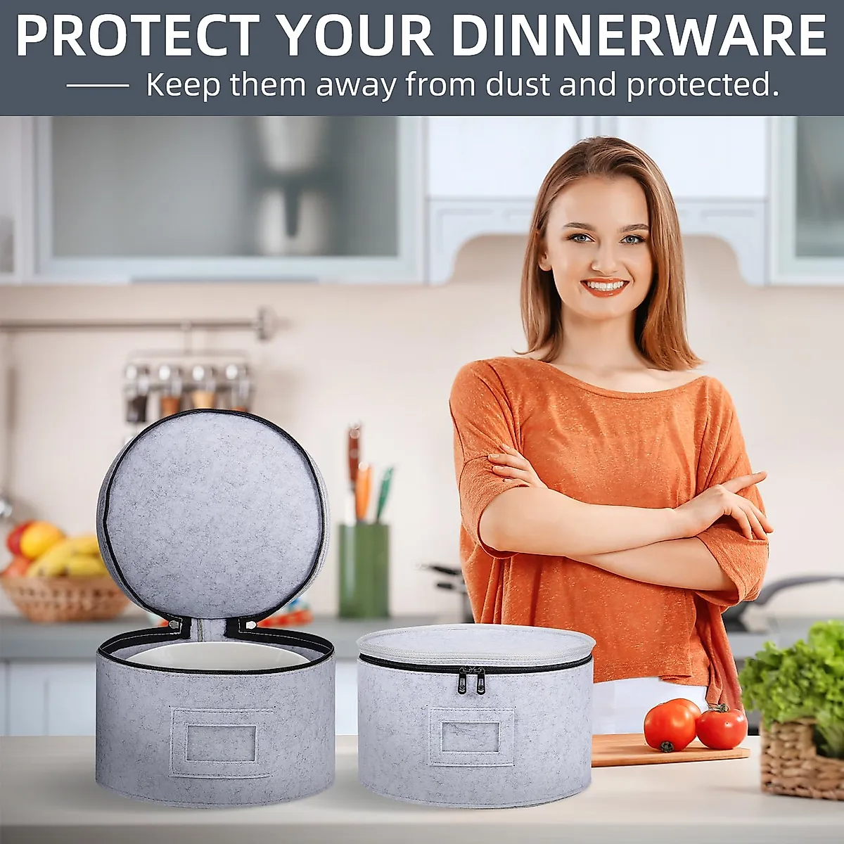 LITLANDSTAR Modern China Storage Case, 7" W x 5.5" H Thick Felt Plate Quilted Case with 12 Felt Dividers for Dinnerware Storage and Transport