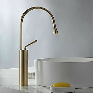 Luxury High Arc Single Handle One Hole,Tall Modern Bathroom Vessel Sink Faucet, Solid Brass Lavatory Vanity Faucet, Free Pop Up Drain Assembly and Water Hoses. cUPC Certified (Brushed Gold)