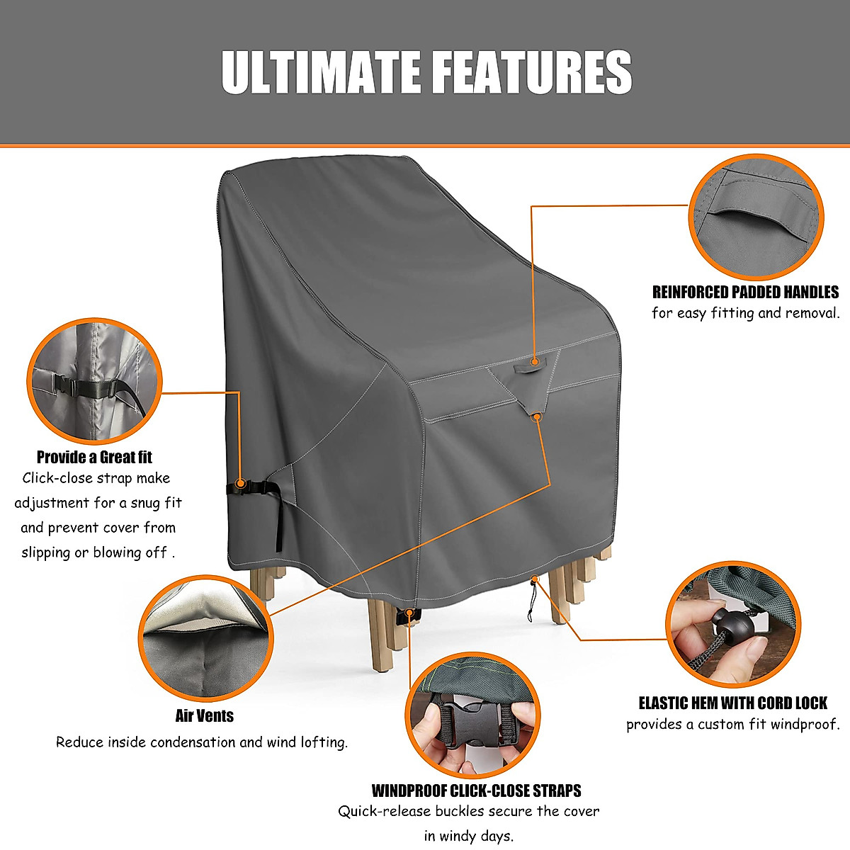 HWmatyCover Stackable Patio Chair Cover, Waterproof Outdoor Chair Cover, Heavy Duty Lawn Patio Furniture Covers, Fits for 4-6 Stackable Dining Chairs, (28" Wx40" Dx47" H, Grey)