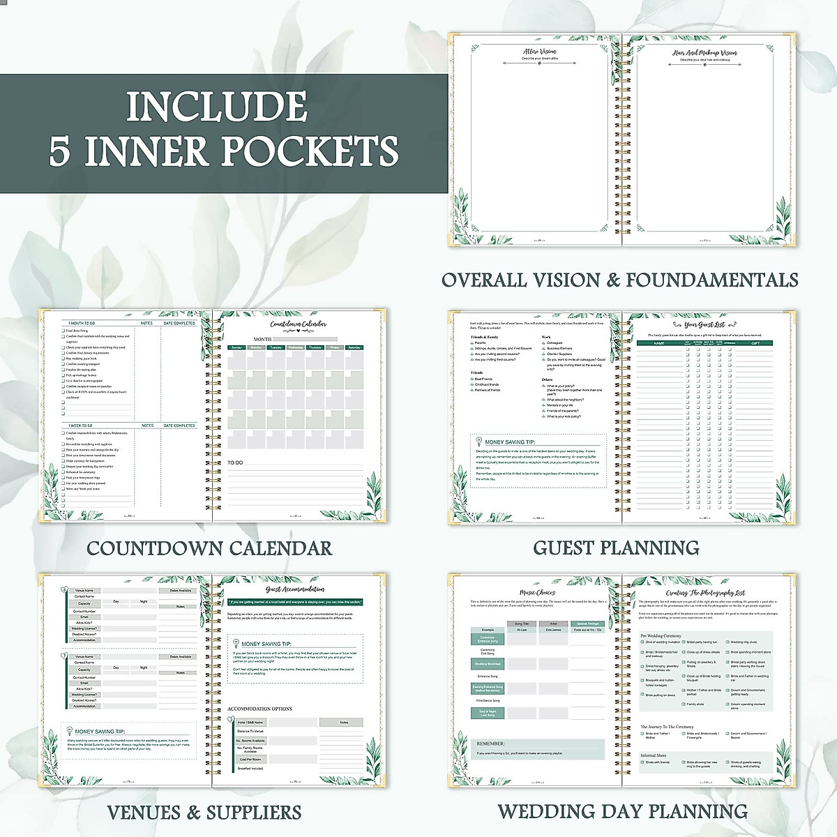 Wedding Planner - Wedding Planner Book and Organizer for the Bride with 5 Tabbed Sections, 12" x 9", Hardcover with Metal Corner + 5 Inner Pockets + Sticker + Elastic Closure Band