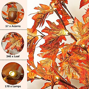 7FT 170 LED Lighted Maple Tree - Thanksgiving Decor Artificial Fall Tree with 17 Branches, 17 Acorns 340 Leaves, Remote 8 Flashing Modes, Timing, DC 5V Safe for Outdoor Wedding Party Autumn Decor…