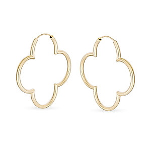 Clover Flower Shaped Thin Tube Endless Hoop Earrings For Women Polished 14K Gold Plated .925 Sterling Silver 1.5 In