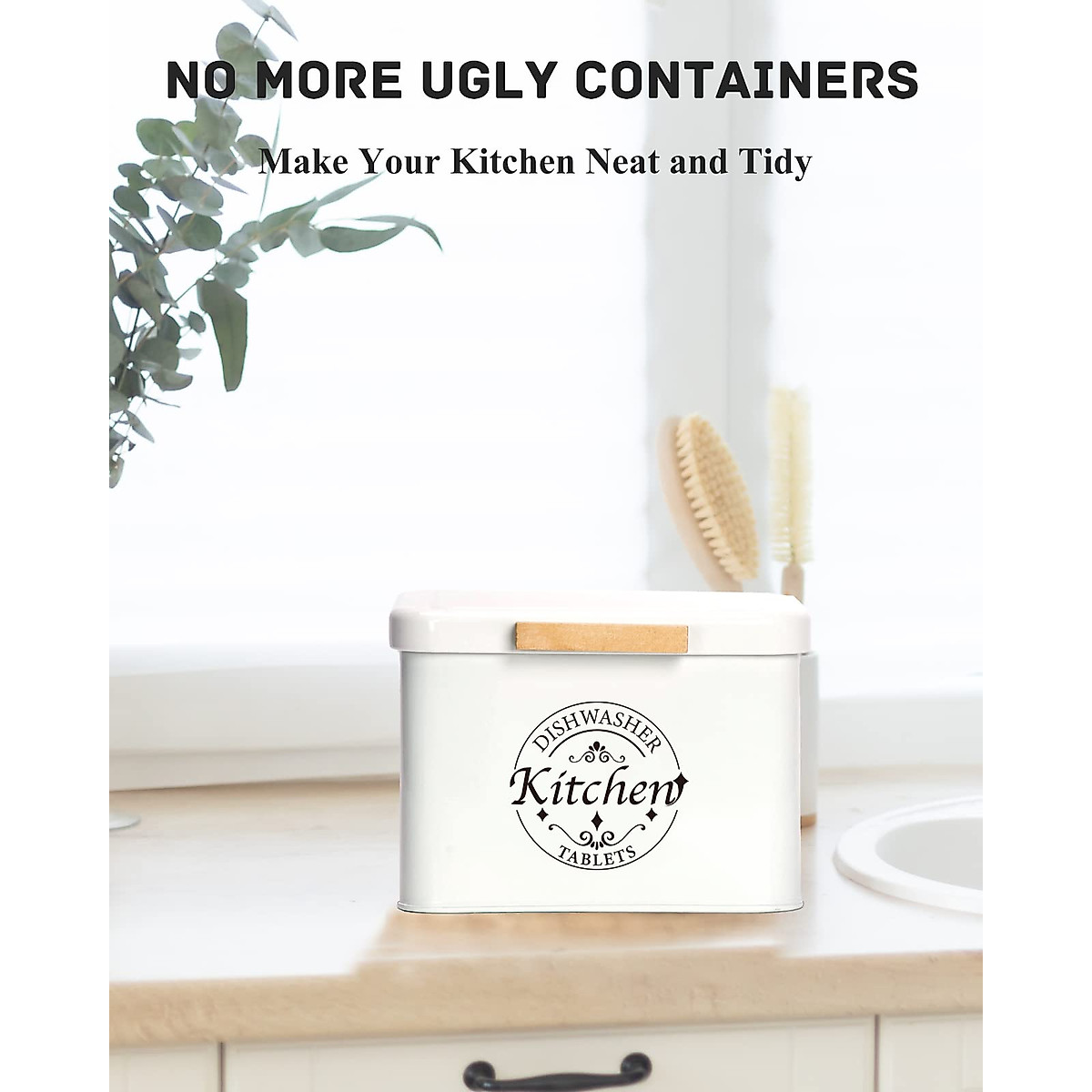 Dishwasher Pod Container with Hinged Lid. Farmhouse Metal Dishwaser Pods Holder for Kitchen Cabinet Organizer. Modern Kitchen Decor and Accessories. Dishwasher Detergent Tablet Storage(Cream)