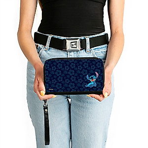 Disney Wallet, Zip Around, Lilo and Stitch Stitch Winking Pose Tropical Flora Black Blue, Vegan Leather