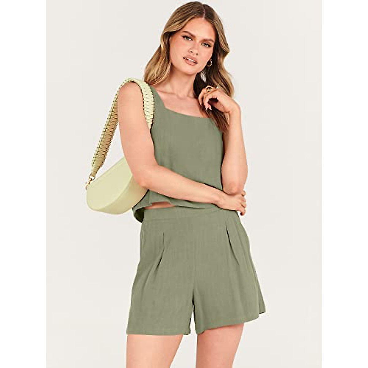 ANRABESS Womens 2 Piece Outfits Linen Square Neck Crop Short Set Lounge Matching Sets 2023 Trendy Clothes Summer Vacation Set for Beach Vacation Resort 997zhonglv-M