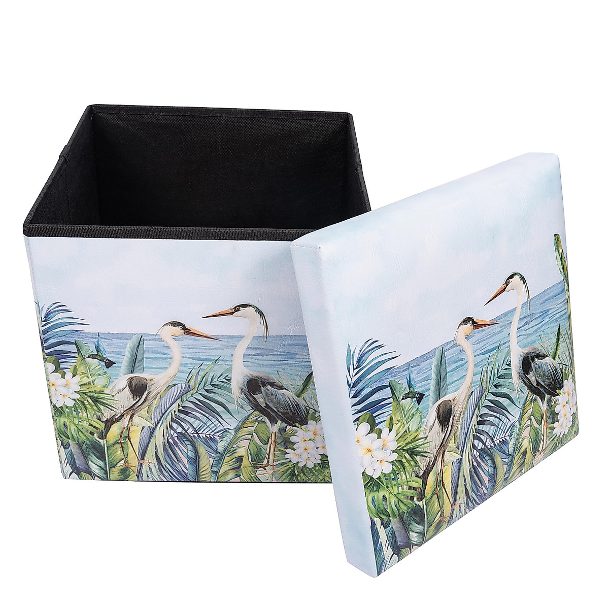 Corner Merchant Collapsible Ottoman Storage Box with Lid Decorative Coastal Decor (Blue Heron)