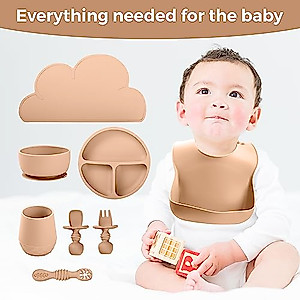8-PIECE SILICONE BABY FEEDING SET-SUCTION BOWL, DIVIDED PLATE, SIPPY CUP, PRE-POON,BABY FORK, SPOON, ADJUSTABLE BIB, PLACEMAT, FALL, BABY ITEMS, BABY LED WEANING SUPPLIES, BABY LED WEANING UTENSILS