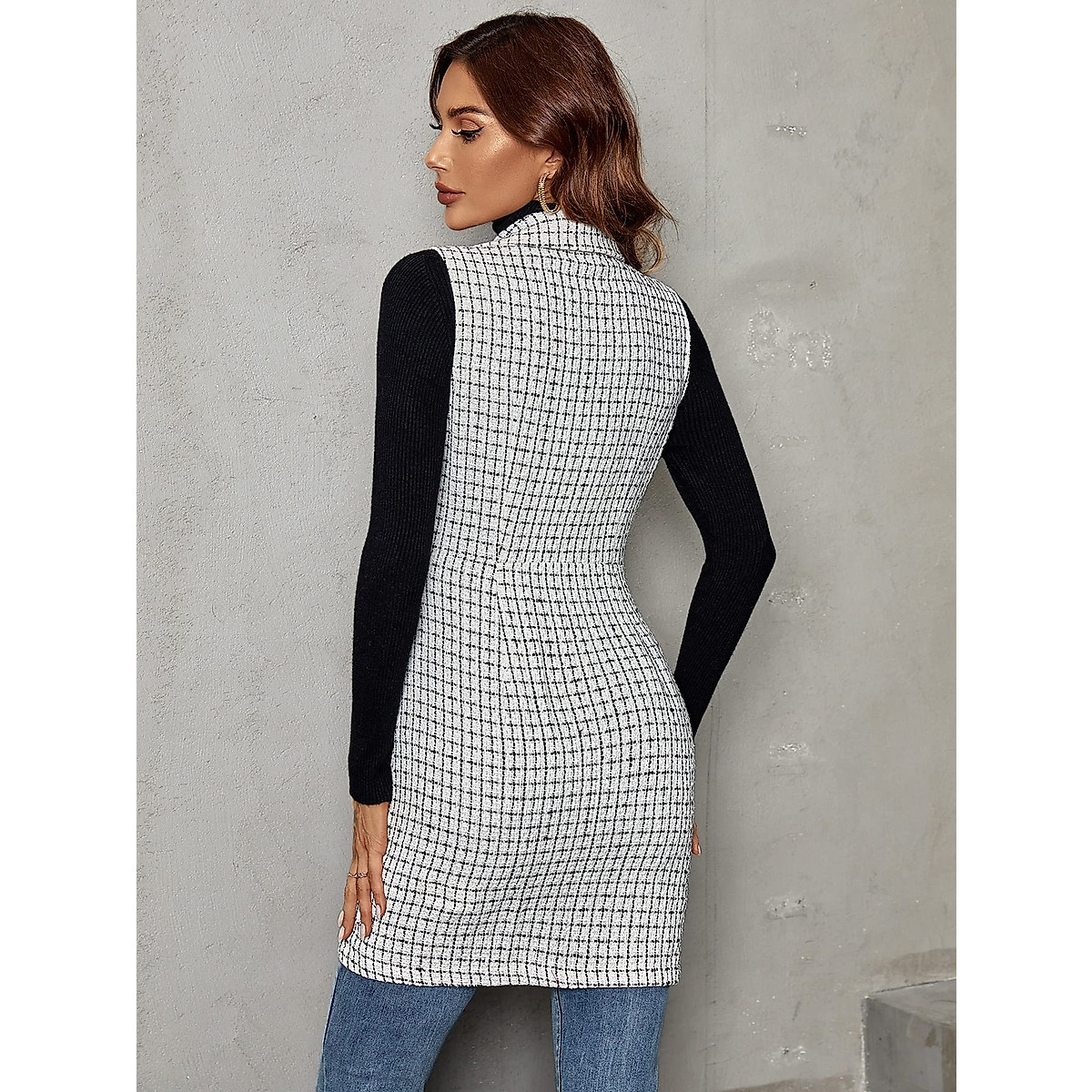 Floerns Women's Plaid Print Button Front Sleeveless Lapel Collar Blazer Jacket White XL