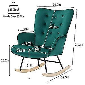IDEALISMLIVING Rocking Chair, Nursery Glider Rocker Chair with Linen Fabric, Boho Chair with Solid Wood, Nursery Rocking Armchair for Baby Room, Rocking Chair Nursery for Living Room Bedroom (Green)