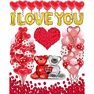 Lutoys Valentines Balloon Kit Decor with I Love You Balloons, Heart Balloons with 1000 Pcs Silk Red Rose Petals for Valentines Day Decorations Romantic Proposal Wedding Anniversary Decorations