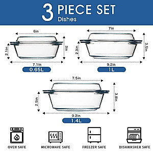 NUTRIUPS Round Glass Casserole Dish Set, Glass Casseroles Cookware with Glass Lid, Glass Casserole Dish With Lid(Set of 3-0.65L+1L+1.4L)