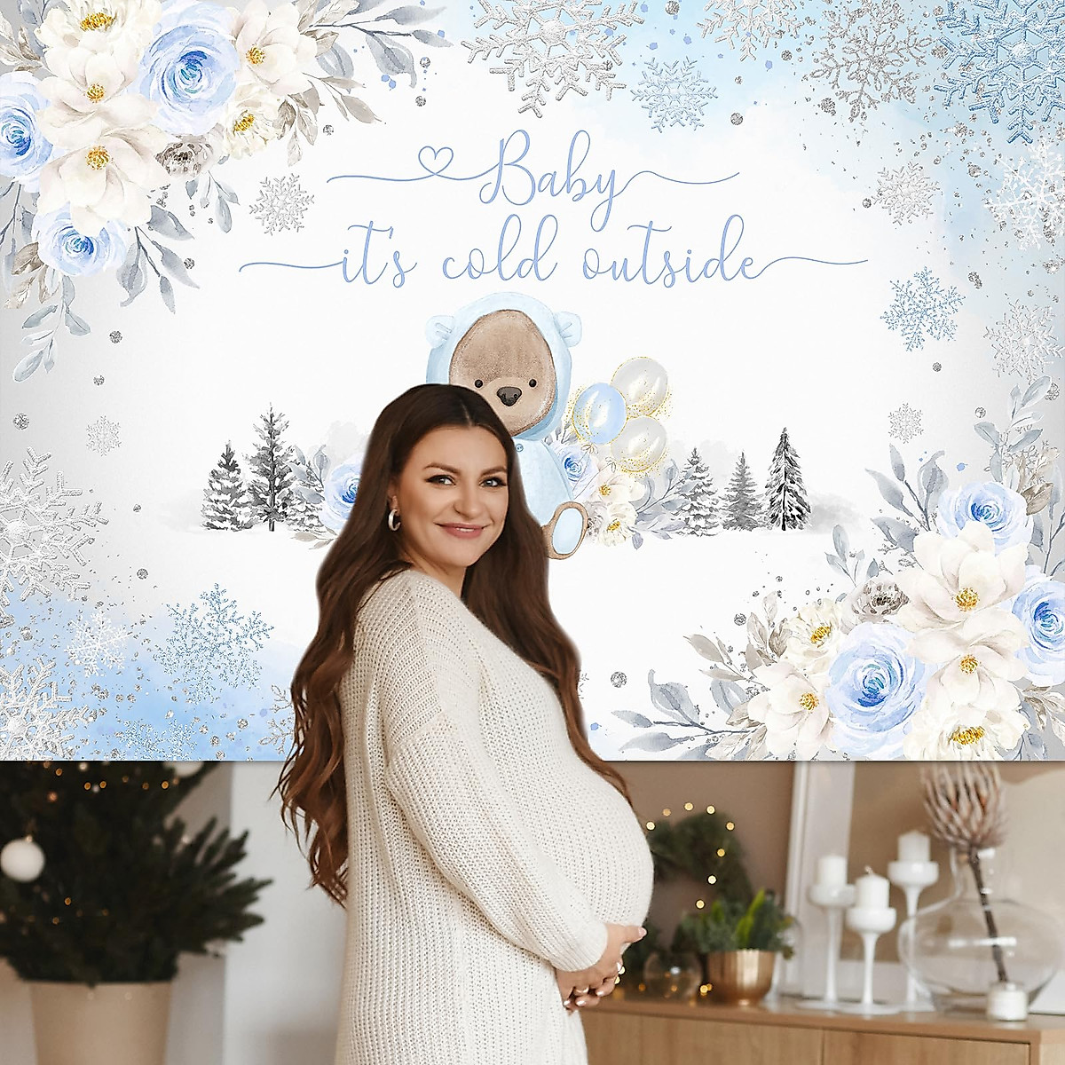 Avezano Winter Bear Baby Shower Backdrop for Boy Baby It's Cold Outside Party Decorations Photography Background We can Bearly Wait Blue Snowflakes Baby Shower Photoshoot (7x5ft)