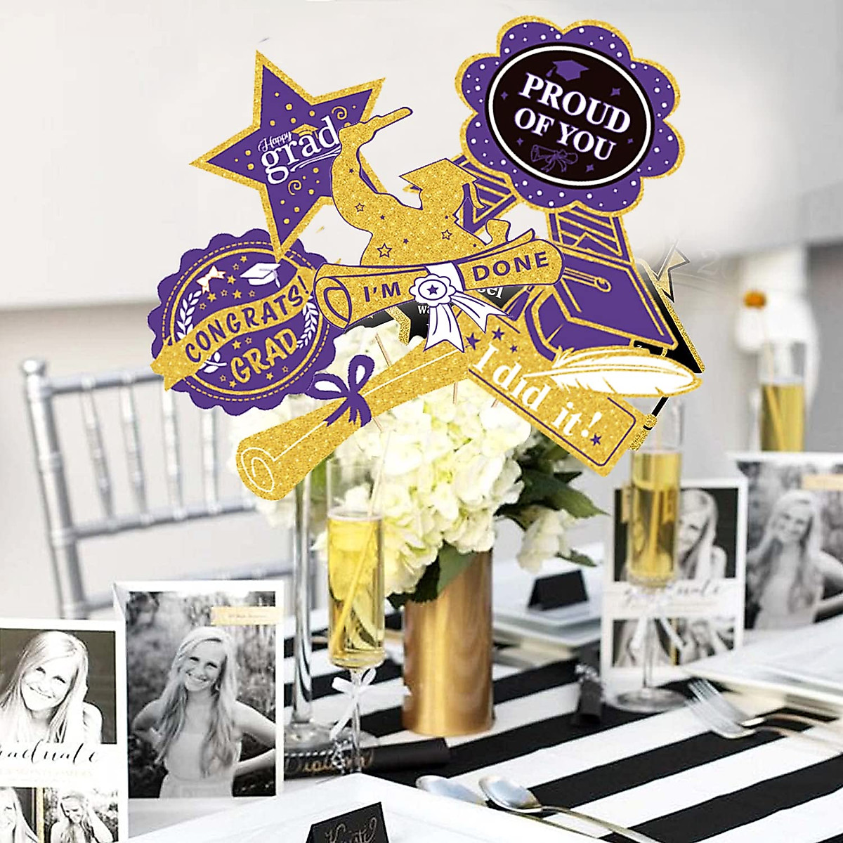 Graduation Party Decorations Purple Gold 2024/Purple Graduation Decorations Class of 2024 NYU Table Centerpieces-24Pcs Purple Gold Black Graduation Sticks Table Toppers for Graduation