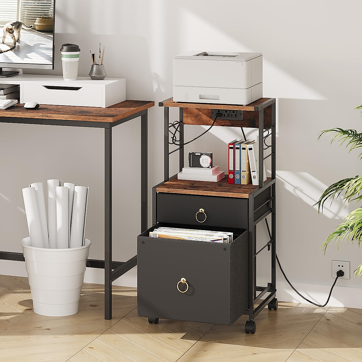 HOOBRO 2-Drawer File Cabinet, Filing Cabinet with Charging Station, Vertical Office Cabinet with Open Storage Shelf, Printer Stand, A4/Letter Size, Nonwovens Drawer, Rustic Brown and Black BFK23UWJ01