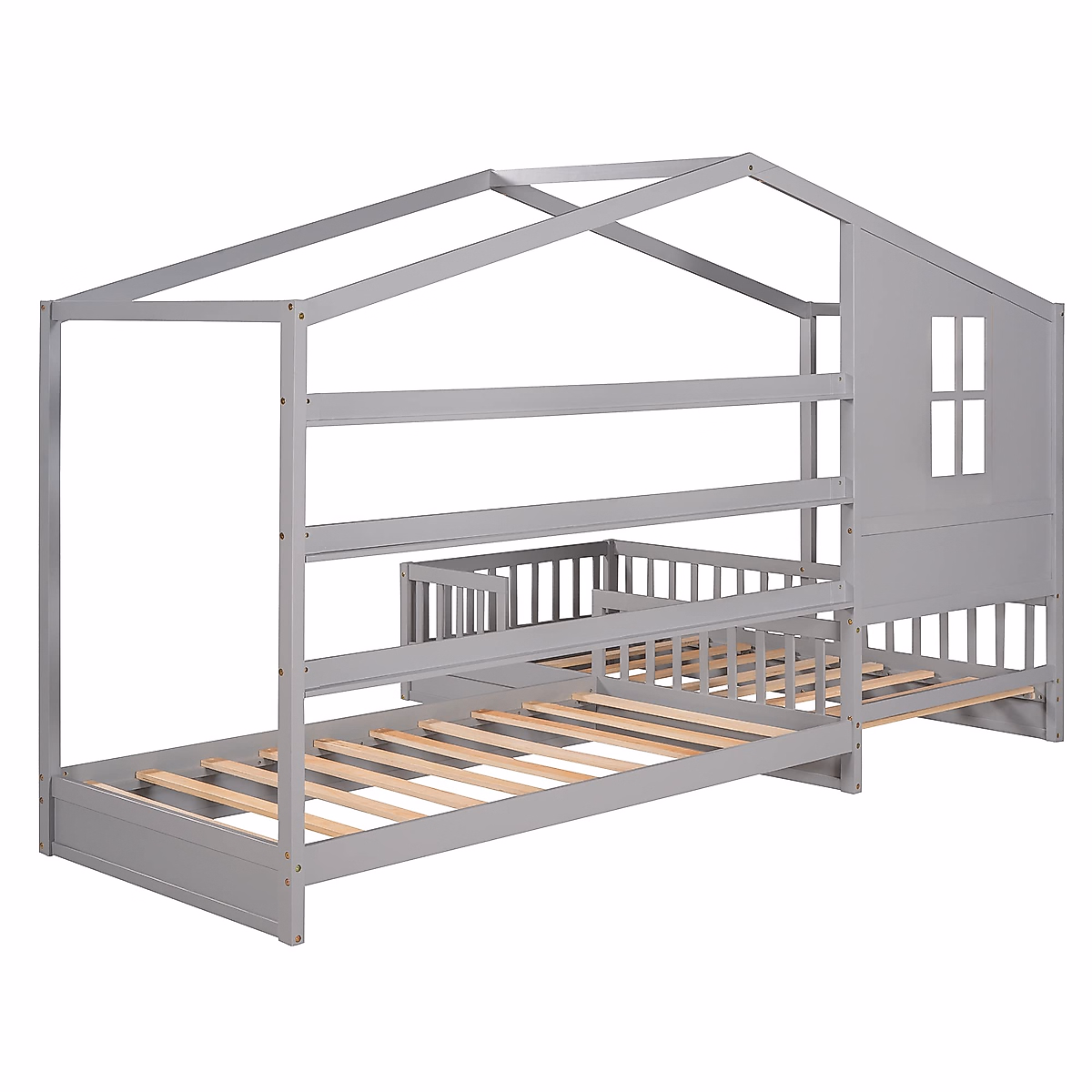 L Shaped Bed Frame with Roof, Twin Corner Bed House Bed for Kids, Solid Wood Twin Platform Bed Frame for 2 People (Twin Size, Gray)