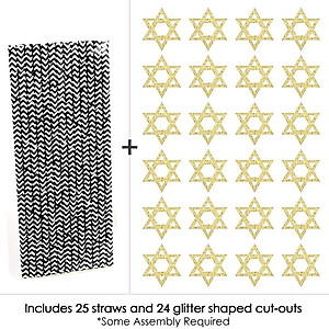 Gold Glitter Star of David Party Straws - No-Mess Real Gold Glitter Cut-Outs & Decorative Hanukkah Paper Straws - Set of 24