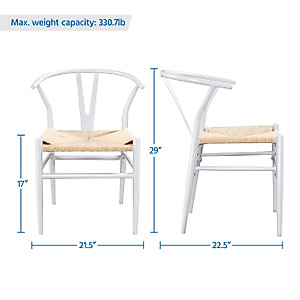 Yaheetech Metal Dining Chair Y-Shaped Set of 4 Weave Arm Chair Mid-Century Dining Room Chairs Backrest Hemp Seat, White