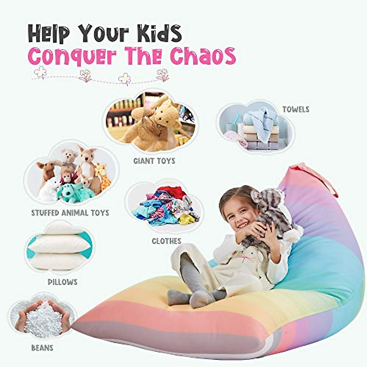 Nobildonna Stuffed Animal Storage Bean Bag Chair Cover Only for Kids and Adults, Extra Large Beanbag Without Filling Plush Toys Holder and Organizer- Premium Canvas 250L (Rainbow)