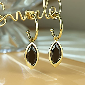 BELLNA 925 Sterling Silver 14K Gold Dainty Earrings for Women Dangle Cubic Zircoina Marquise Brilliant Cut Dangle Hoop Earrings for Women Girl Her Wedding Party Gift (Black CZ)