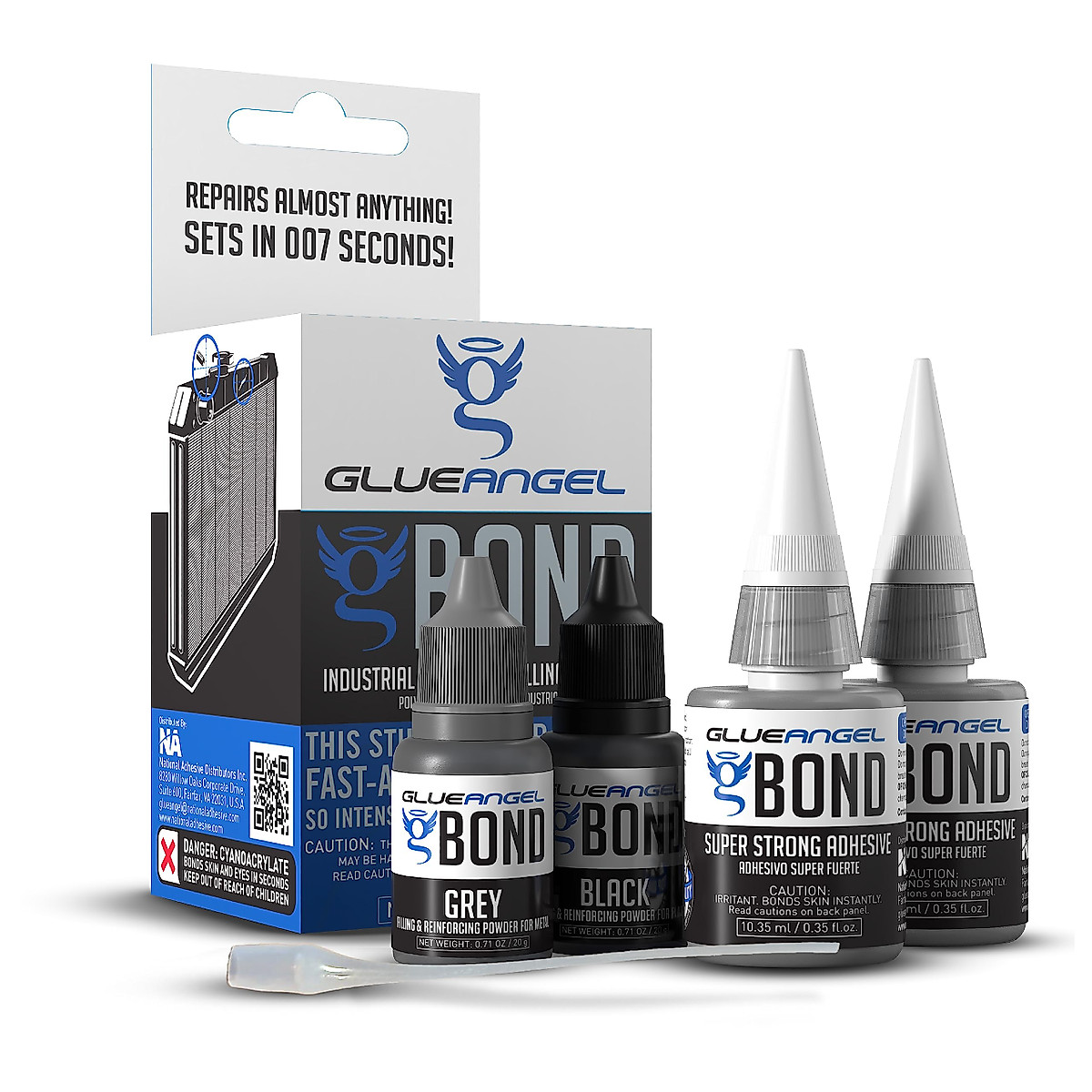 GlueAngel Heavy Duty Super Glue Kit for Hard Plastics and Metal. includes Black and Gray Gap Filling/Reinforcing Powders and CA Glue Nozzle Extender