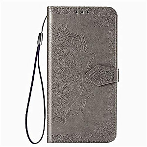 SATURCASE Case for Oppo Reno2 Z, Mandala Embossing PU Leather Flip Magnet Wallet Stand Card Slots Protective Cover with Hand Strap for Oppo Reno2 Z (Gray)