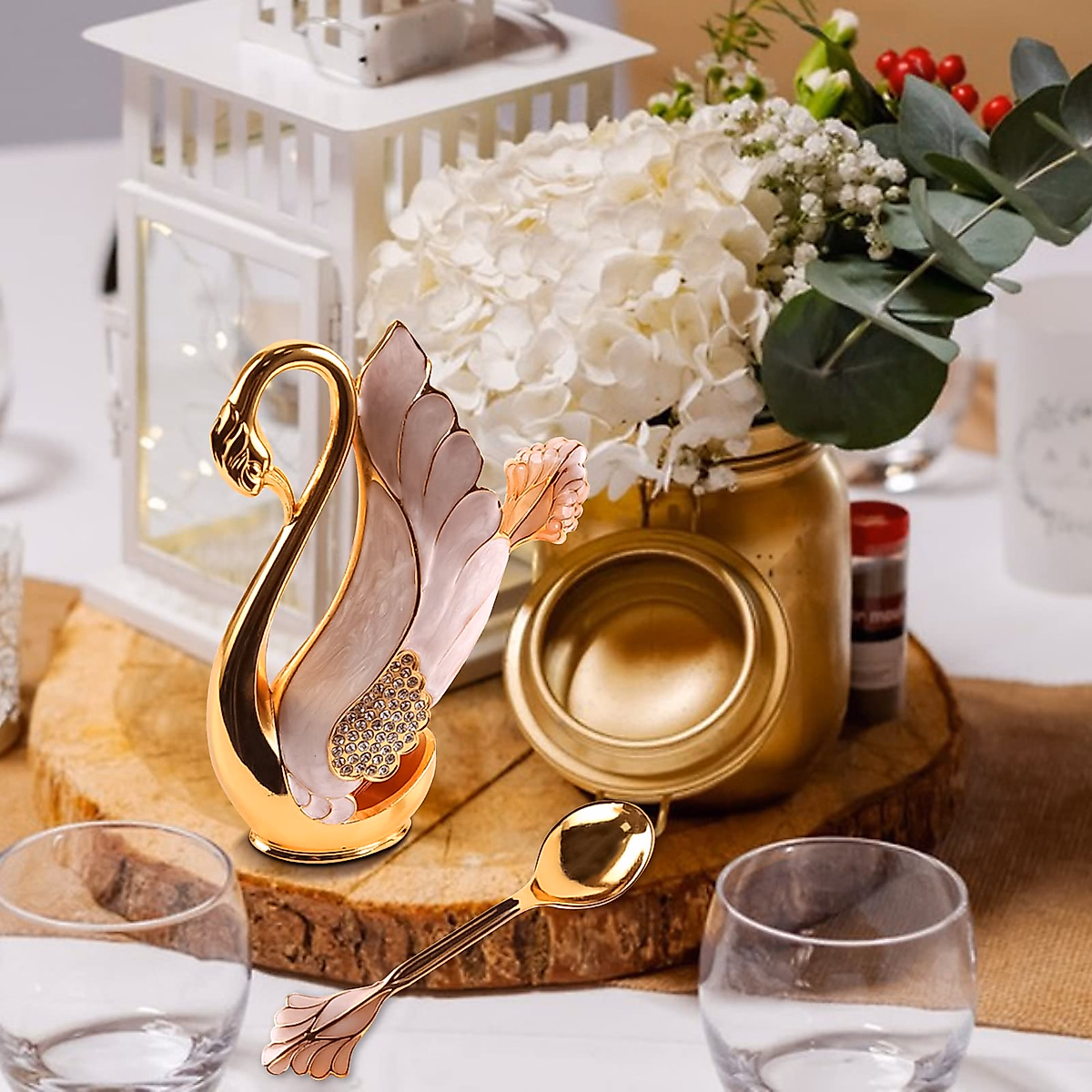 WYYXO Gold Swan Base Holder Spoons Set Elegant Swan Spoon Holder Organizer Decorative Swan Flatware for Dessert Coffee Ice Cream Cake (1 Swan Base Holder 6 Spoons)
