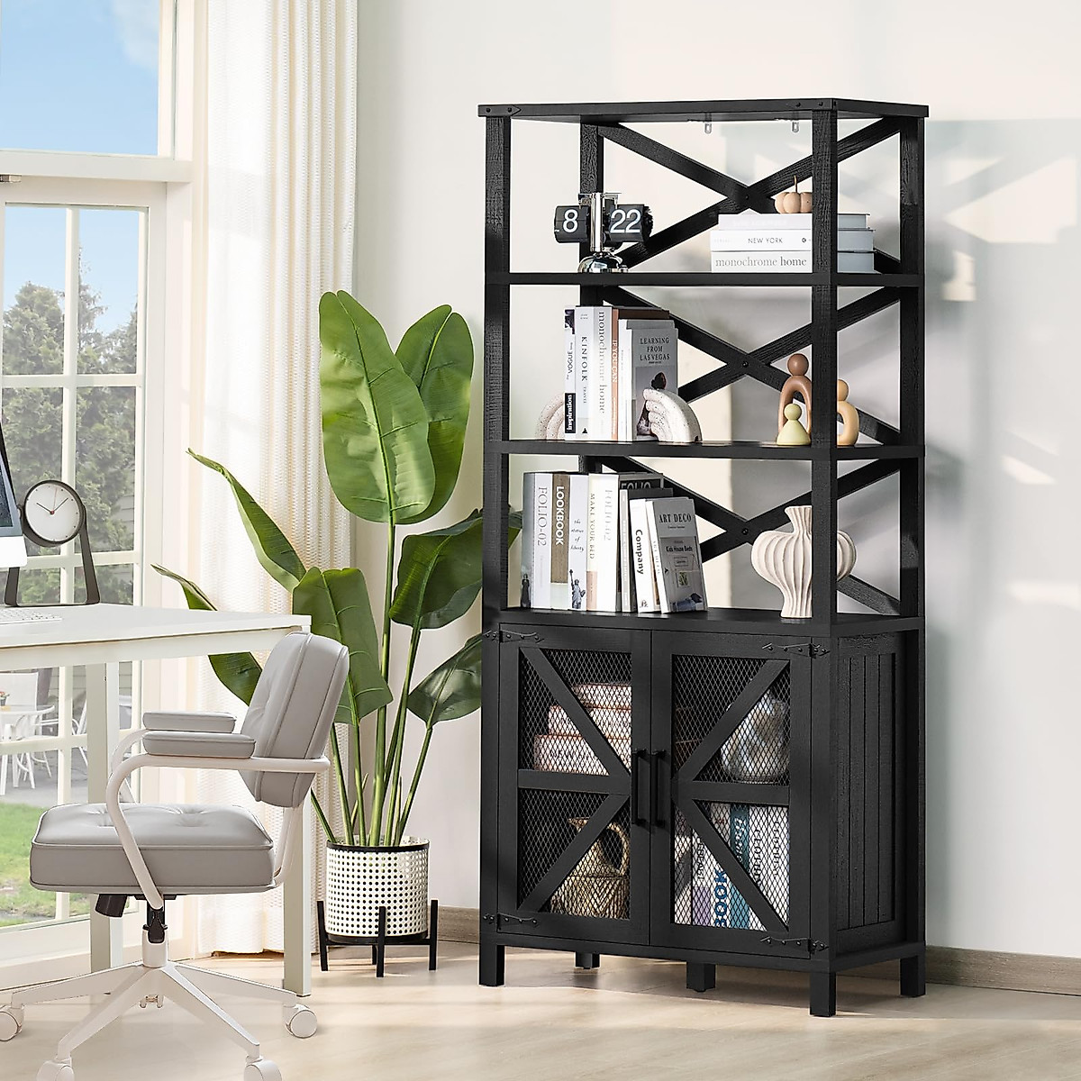 Joaxswe 5 Tier Bookshelf 70" Tall Bookcase with Barn Doors,Large Farmhouse Display Book Shelf with Adjustable Shelves and Storage Cabinet，Library Wood Bookshelves for Living Room,Kitchen,Black