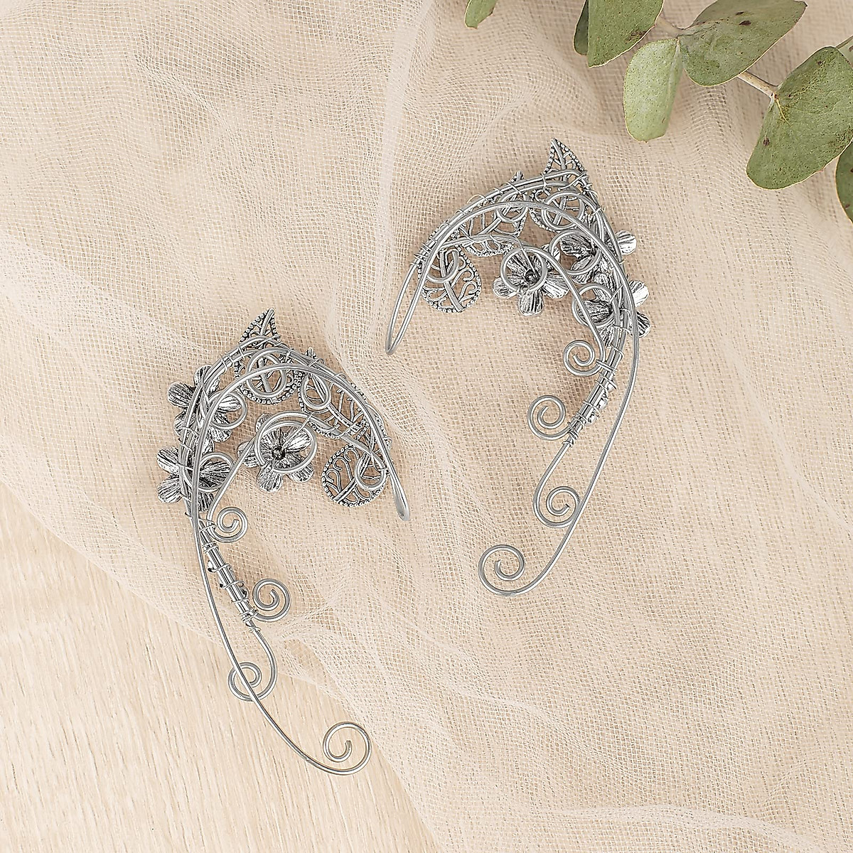 Elven Ear Cuffs for Women, Handmade Elf Fairy Earrings Cuff Wrap Clip-on Filigree Earrings for Fantasy Fairy Halloween Costume, Cosplay, Wedding, Handcraft (Silver)