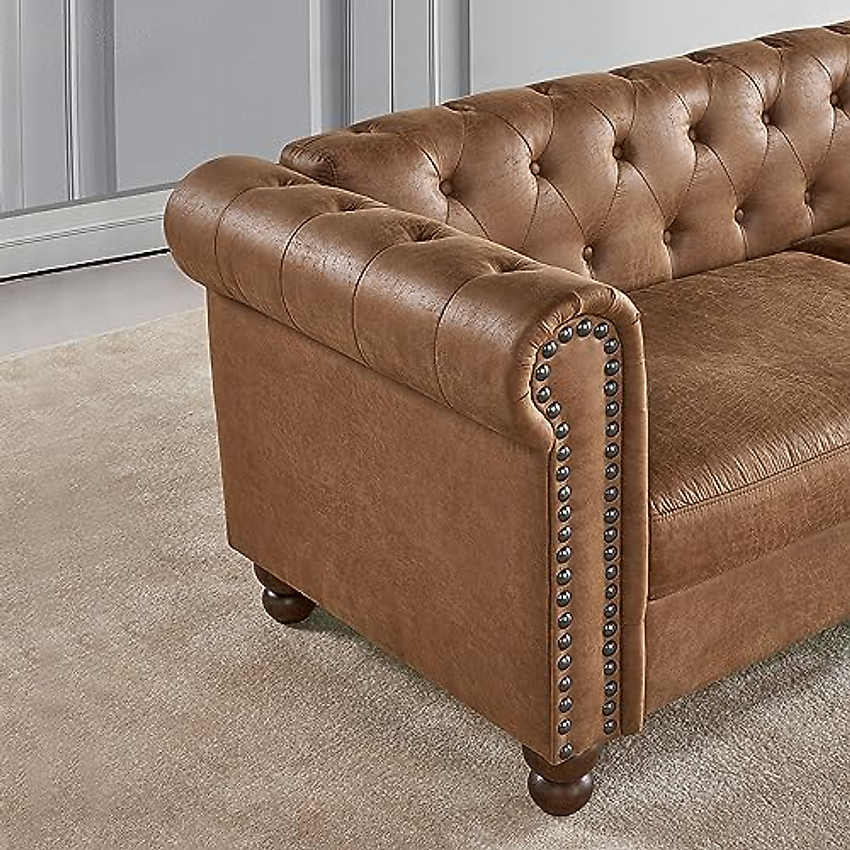 Chesterfield Velvet Sofa Modern Upholstered Sofa Couch Loveseat Classic Tufted 3 Seater for Living Room Bedroom Hoom Office Apartments (Brown)
