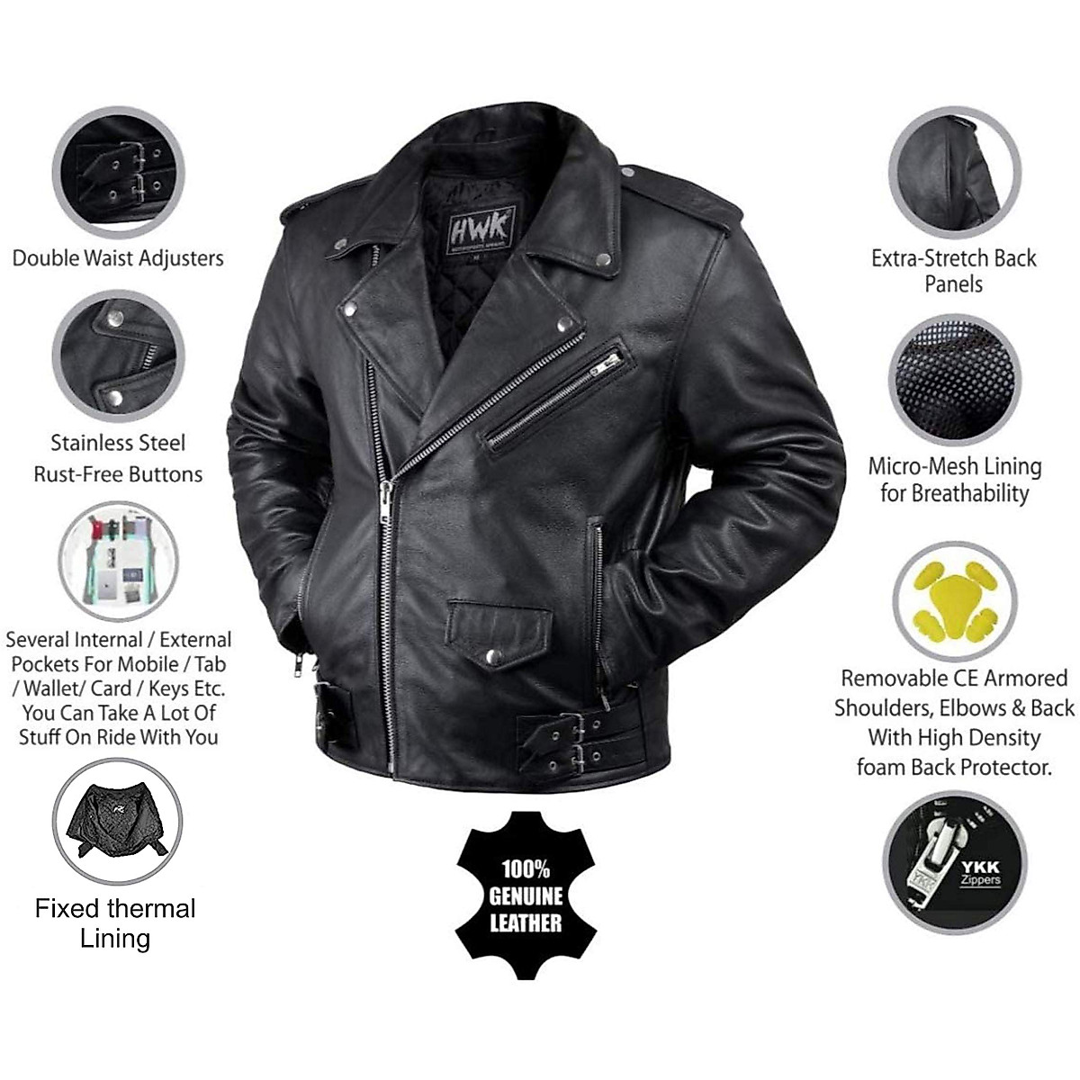 HWK Brando Leather Motorcycle Jacket for Men, Genuine Black Leather Jacket with Removable CE Armor & Micro Polyester Thermal Lining for Weather & Water Resistant Enduro Motorbike Riding - XX Large