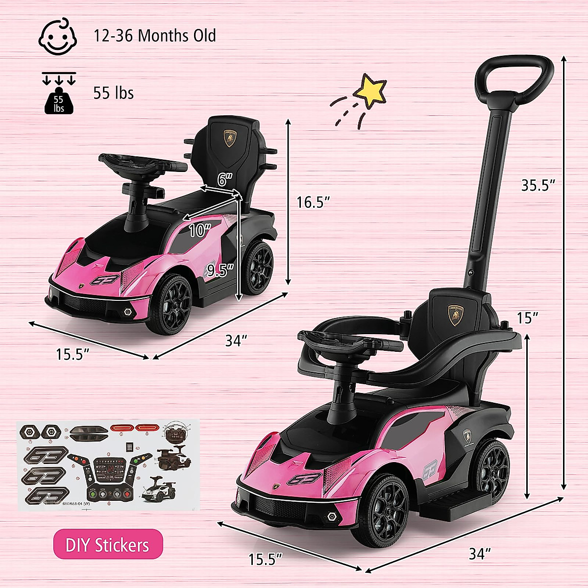 Costzon Push Cars for Toddlers, 3 in 1 Licensed Lamborghini Stroller Sliding Walking Car w/Handle, Armrest Guardrail, Underneath Storage, Horn, Foot-to-Floor Ride On Toy for Boys Girls (Pink)