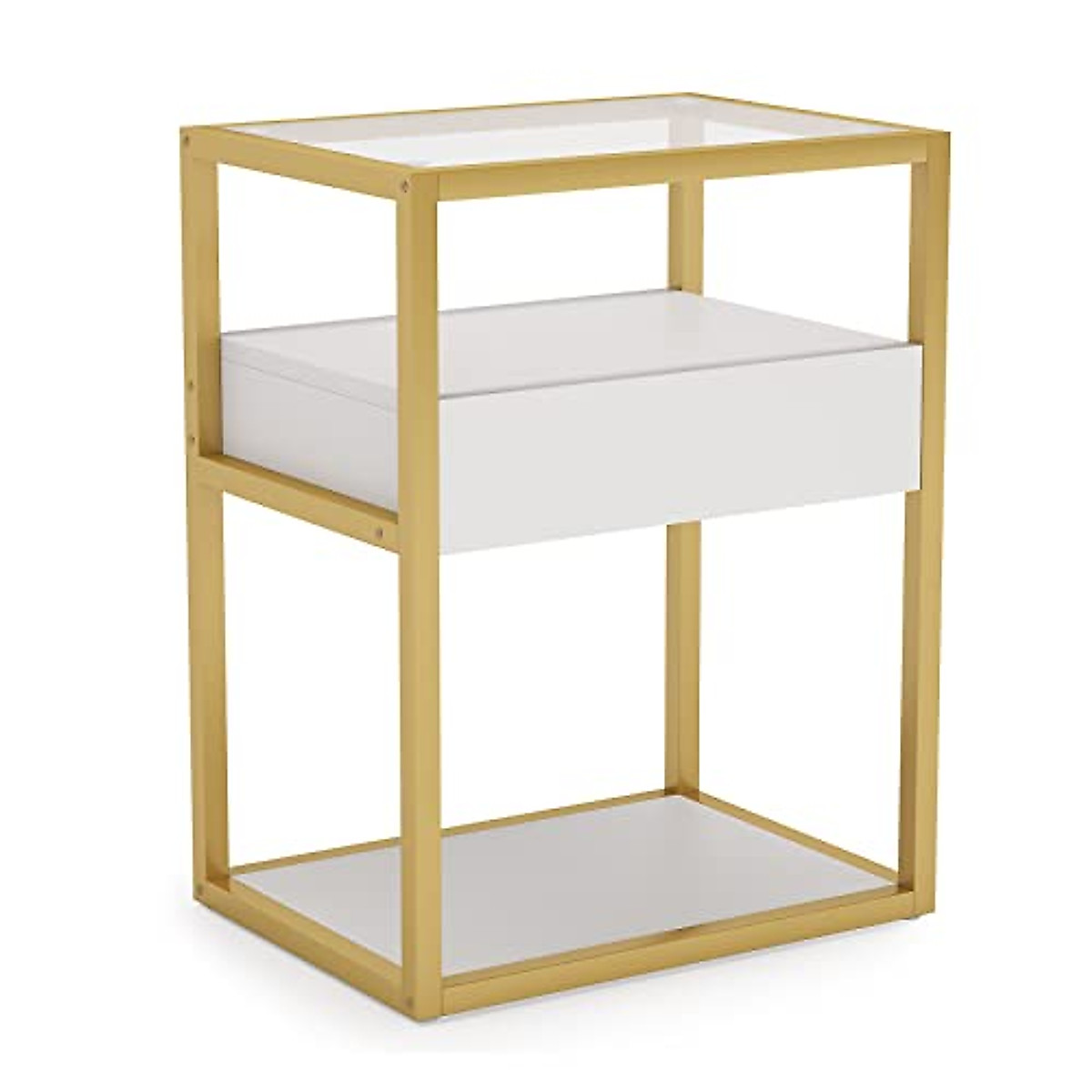 LITTLE TREE Modern Gold White Nightstand with Drawer and Storage Shelf, Bedside Chair Side End Table for Bedroom, Living Room