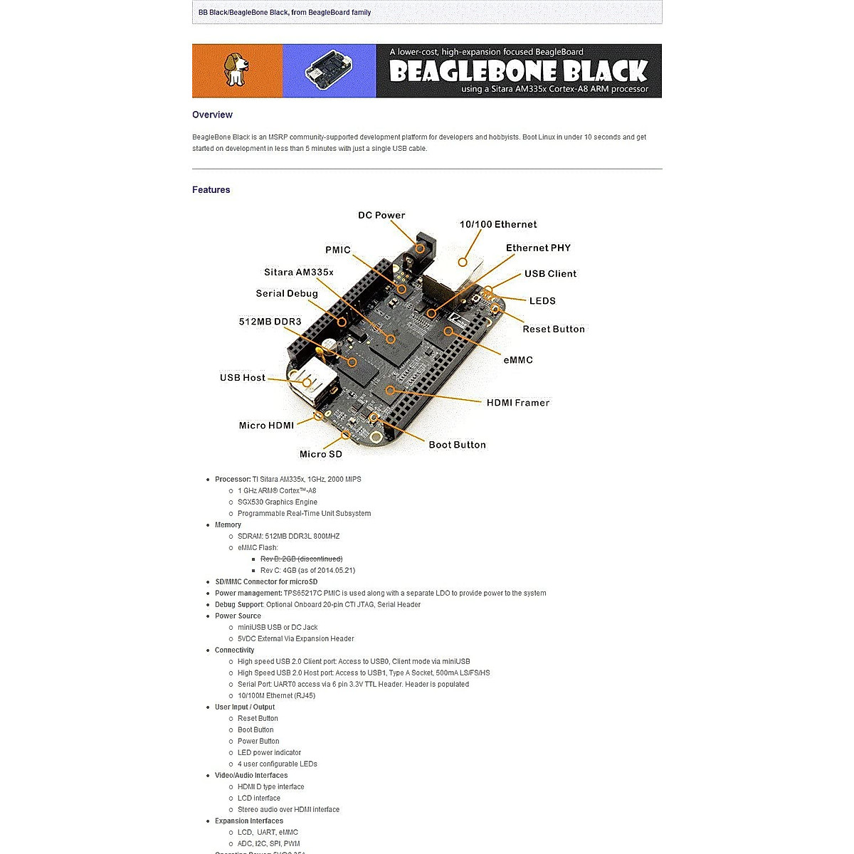 waveshare BeagleBone Black Rev C 1GHz ARM Cortex-A8 512MB DDR3 4GB 8bit eMMC Board Mini PC Development Board from Element14