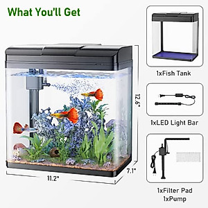 PONDON Fish Tank, 3 Gallon Glass Aquarium with Air Pump, LED Cool Lights and Filter, Small Fish Tank for Betta Fish Starter Kit (Black)