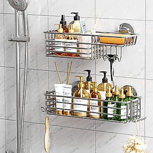 TAILI Shower Caddy Suction Cup 2 Pack with Hooks & Soap Holder, Heavy Duty Shower Organizer for Bathroom, No Drilling Silver Shower Shelves for Inside Shower, Stainless Steel Shower Holder